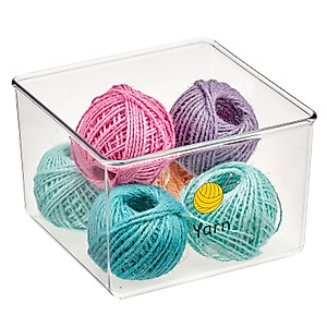 mDesign Stackable Plastic Craft, Sewing, Crochet Storage Container Box with Handles- Compact Organizer Bin, Holder for Thread, Beads, Ribbon, Glitter, Clay - 4 Pack, Includes 32 Labels - Clear