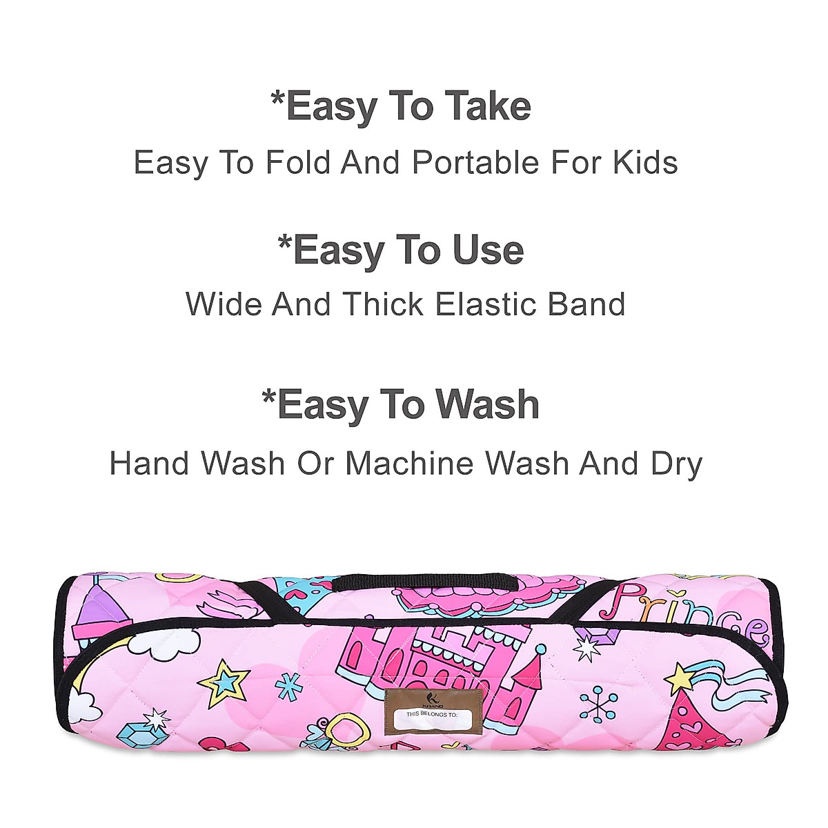 KRAND Kids Nap Mat with Washable Pillow and Blanket All-in-One Comfy Bedding for Toddler Boys & Girls Preschool Daycare Cot,Features 100% Cotton Sleep Side and Elastic Straps-Pink Castle