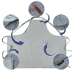 HANEE Cross-Back Apron for Men and Women, Cotton Canvas Apron with Stripes (3 Colors) (Navy Blue)