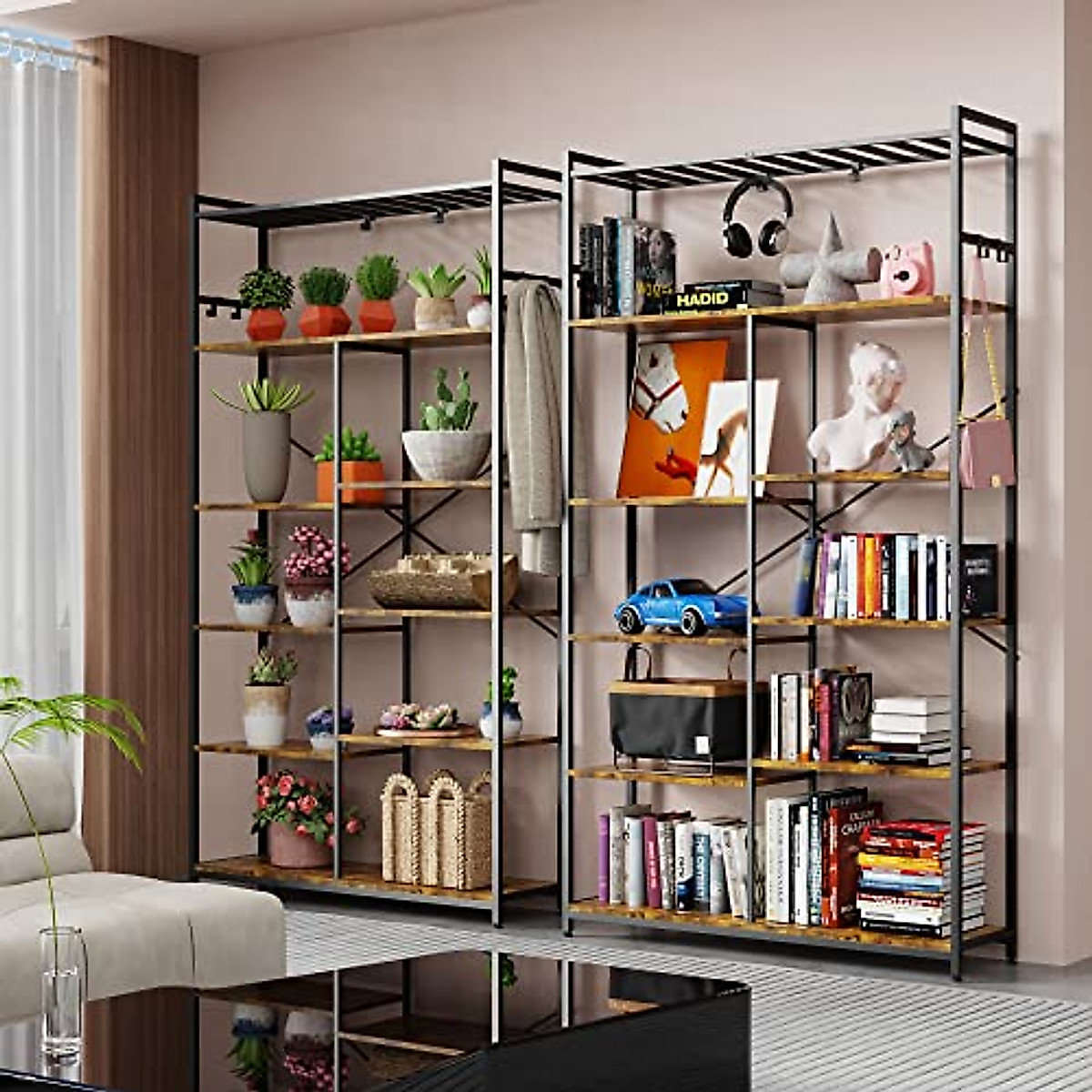 Iaocpio Double Wide 6 Tier Bookshelf, Bookshelves and Bookcases with 6 Hooks. Industrial Bookshelf for Living Room, Bedroom, and Home Office Brown.