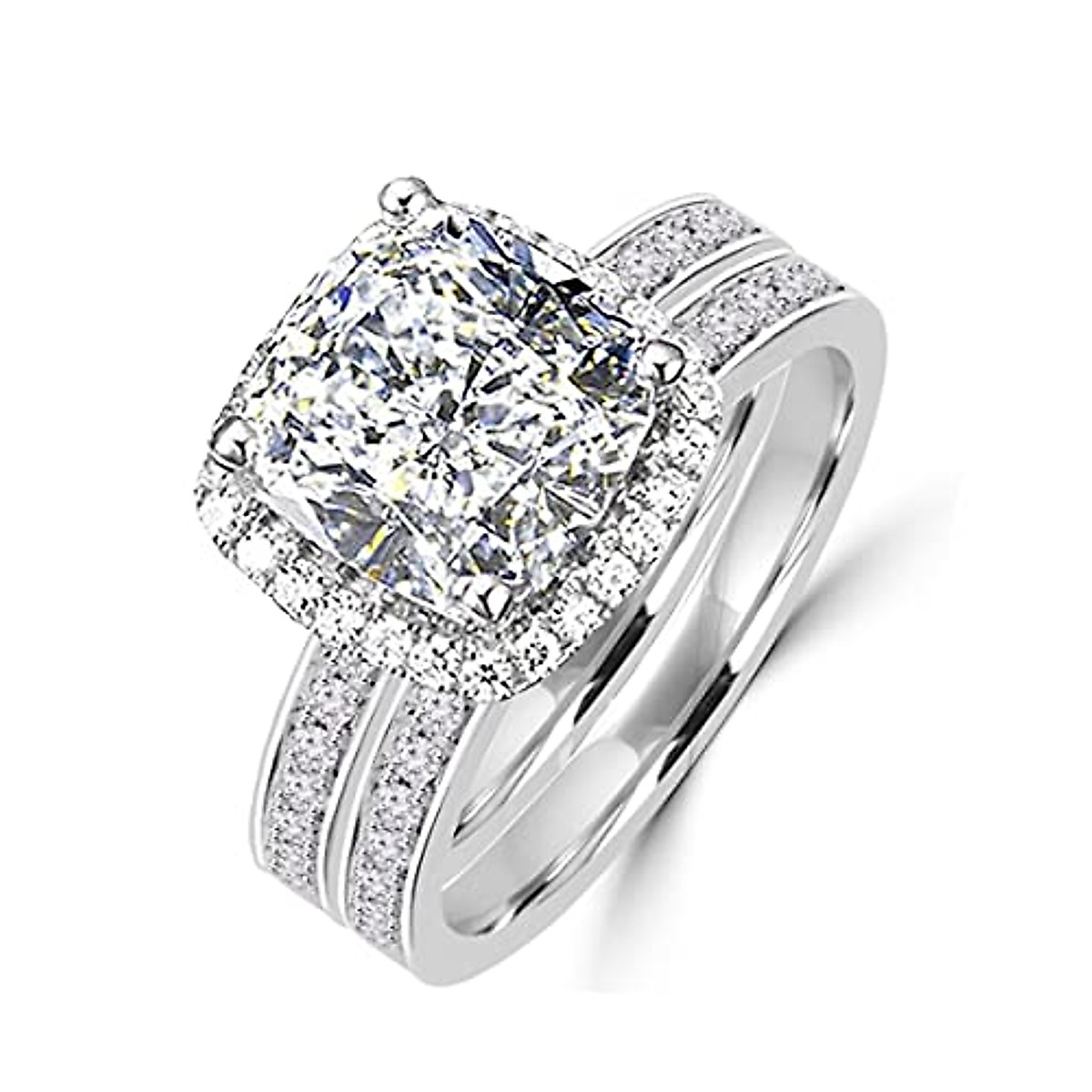 Diamonbella 101 facets 2 Carat Princess Cushion Cut NSCD Simulated Diamond Ring Band Set Solid 925 Silver Halo DBCUSHSET7 (Ring-Set, 6)