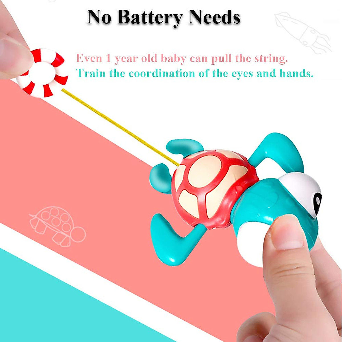 NEXTAKE Pull String Baby Bath Toy Pull & Go Turtle Cute Swimming Turtle Windup Clockwork Bathtub Toy for Toddlers