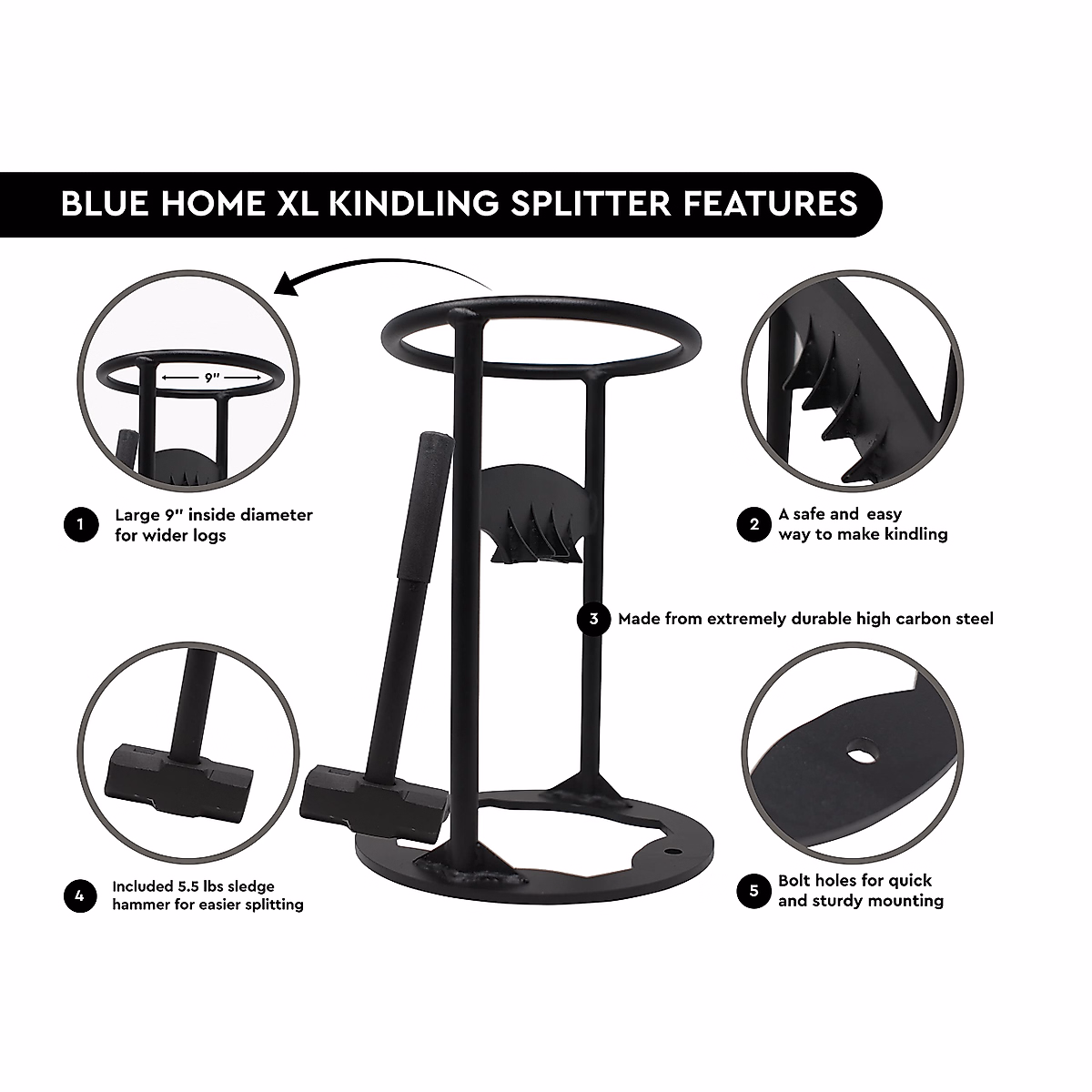 Blue Home XL Kindling Splitter — with 5.5 Lbs Sledge Hammer — Easy Portability — Manual Log Splitter (XL Kindling Splitter)
