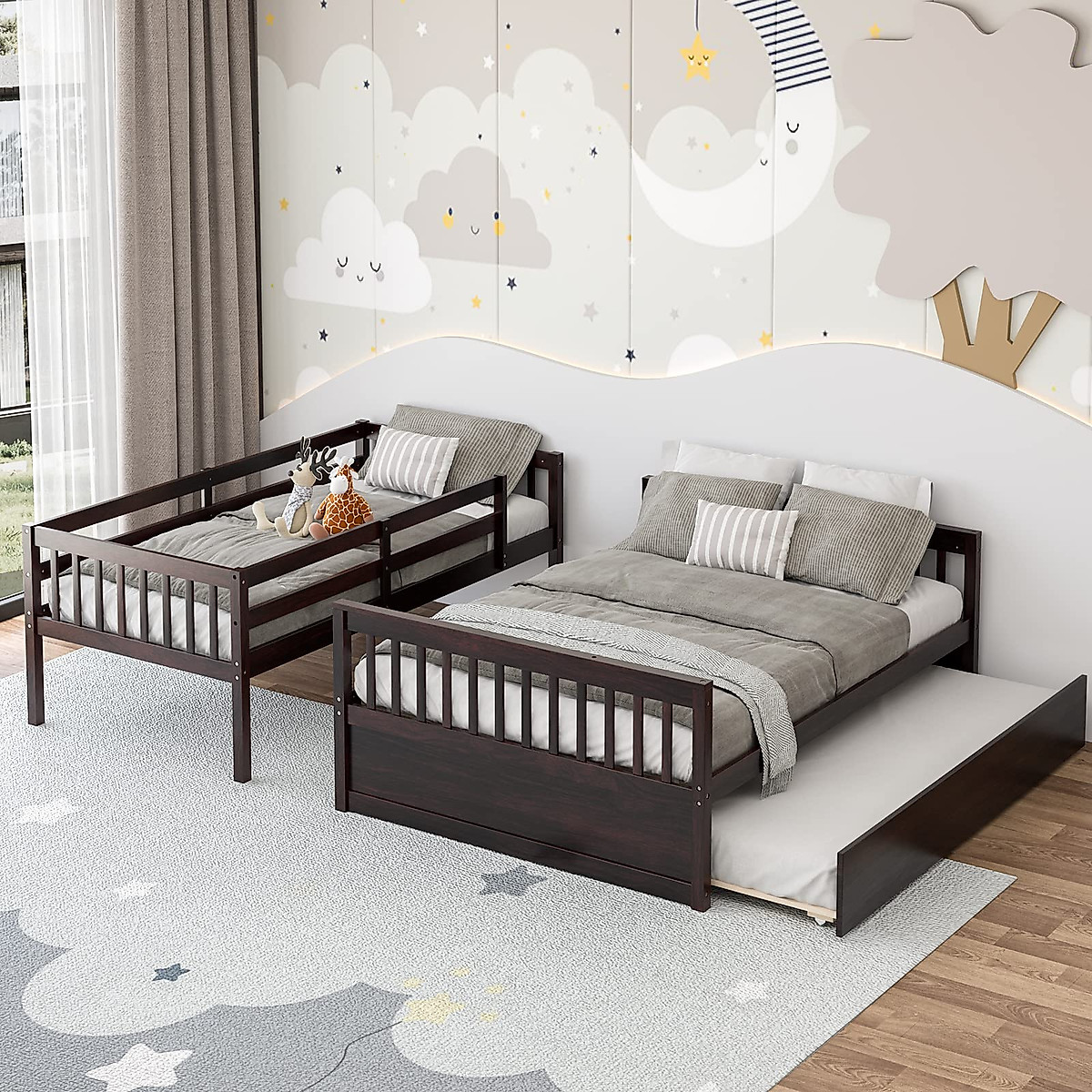 Giantex Twin Over Full Bunk Bed with Trundle, Solid Wood Bunk Bed with Ladder and Guardrails, Convertible to 2 Beds, Triple Bunk Beds for Kids Teens Adults, No Box Spring Needed, Espresso