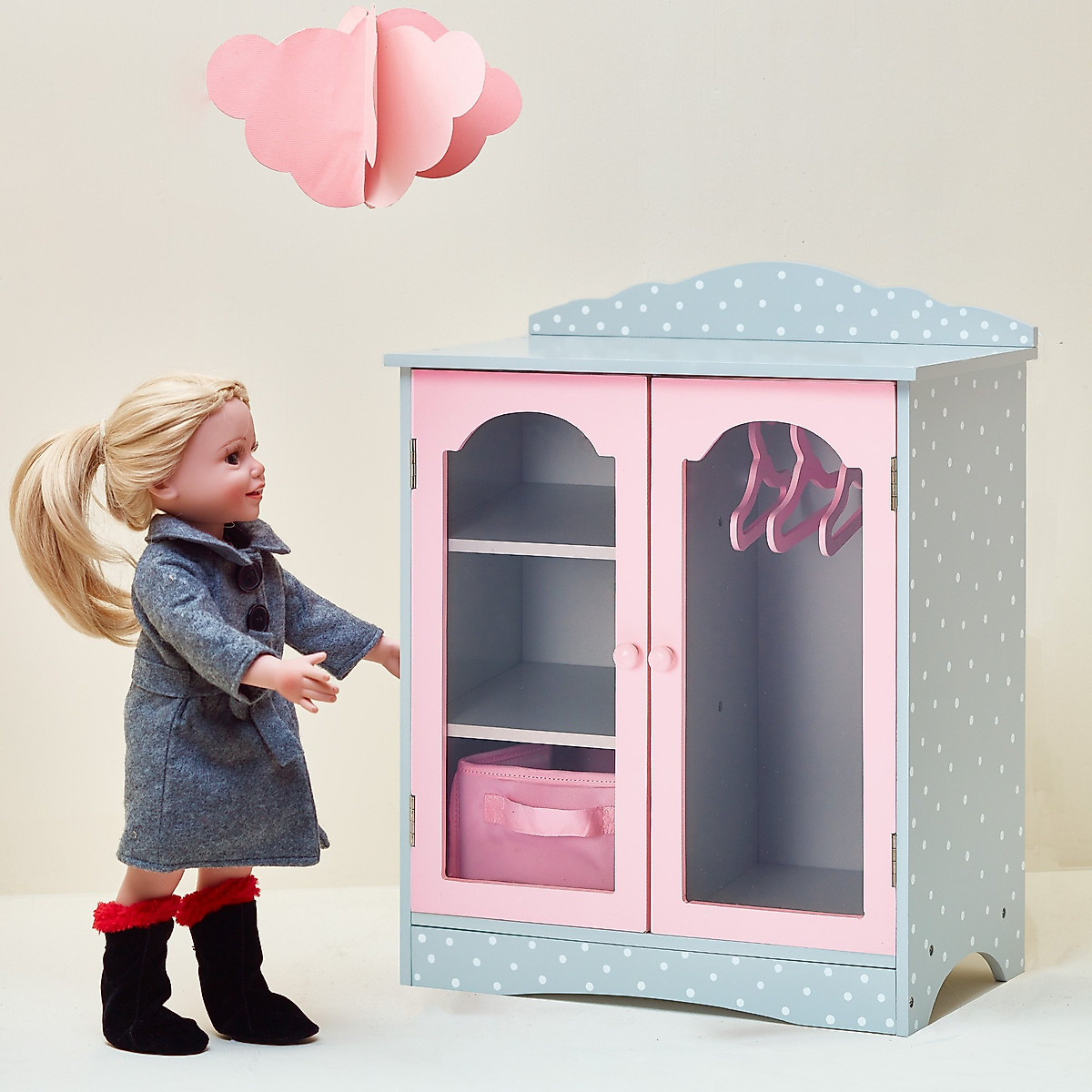 Olivia's Little World Polka Dot Princess Wooden Shaker-Style Double Closet for 18" Doll Wardrobes with Windowed Doors, Three Shelves, Hanging Space with Hangers, Gray/Pink