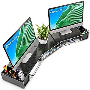 LORYERGO Dual Monitor Stand Riser, Laptop Stand with Storage Accessories Slots, Length and Angle Adjustable Computer Stand, Desktop Stand with Storage Organizer for Computer, Laptop, Printer