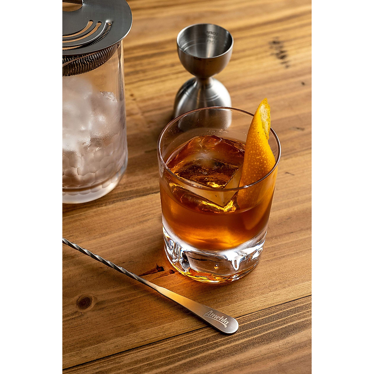 Amehla Cocktail Mixing Glass Bar Starter Kit: 8 Piece Mixology Bar Set with Bar Tools and Glasses - Home Bartending Kit with 2 Mountain Whiskey and 2 Honeycomb Nick and Nora Drinking Glasses