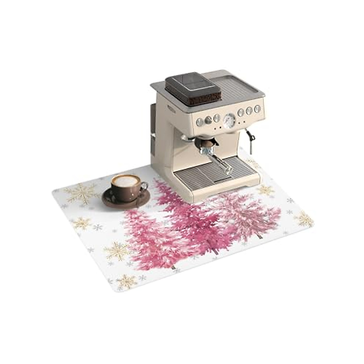 Coffee Mat for Counter, Pink Christmas Xmas Tree Golden Snowflake Absorbent Hide Stain Coffee Bar Mat, Non-slip Coffee Bar Accessories Kitchen Drying Mat Fit Under Coffee Maker Espresso Machine
