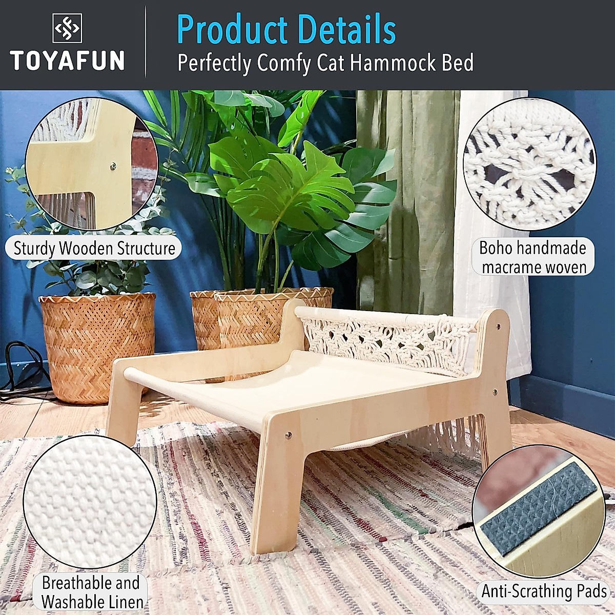 TOYAFUN Boho Cat Hammock Bed - Macrame Elevated Cat Bed for Indoor Cats, Free-Standing Breathable Cat Chair, Wooden Cat Swing Bed Pet Furniture Gift for Cats and Small Dogs