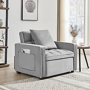 Acosure Convertible Sleeper Sofa Chair Bed,3-in-1 Multi-Functional Couch with Pull-Out Bed Frame,Modern Chaise Lounge W/Adjustable Backrest and Pillow for Apartment,Living Room,Bedroom,Grey