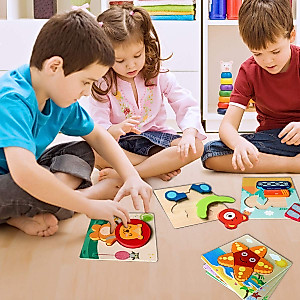 Wooden Toddler Puzzles, Montessori 6 Pack Animal Shape Jigsaw Puzzles for Child Kids Preschool Learning Educational Toys Gifts for 1 2 3 Year Old Boys Girls