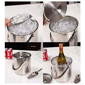 BirdRock Home Ice Bucket with Scoop & Lid - 2.8 Liter Hammered 18/8 Stainless Steel Container for Bar - Double Wall Insulated Bucket with Carrying Handle - Great for Parties - (Silver)
