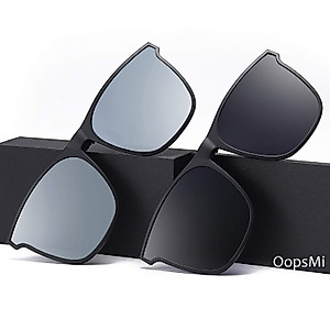 OopsMi Clip On Sunglasses Polarized Unisex Large Lightweight For Prescription Glasses (Black Lens)