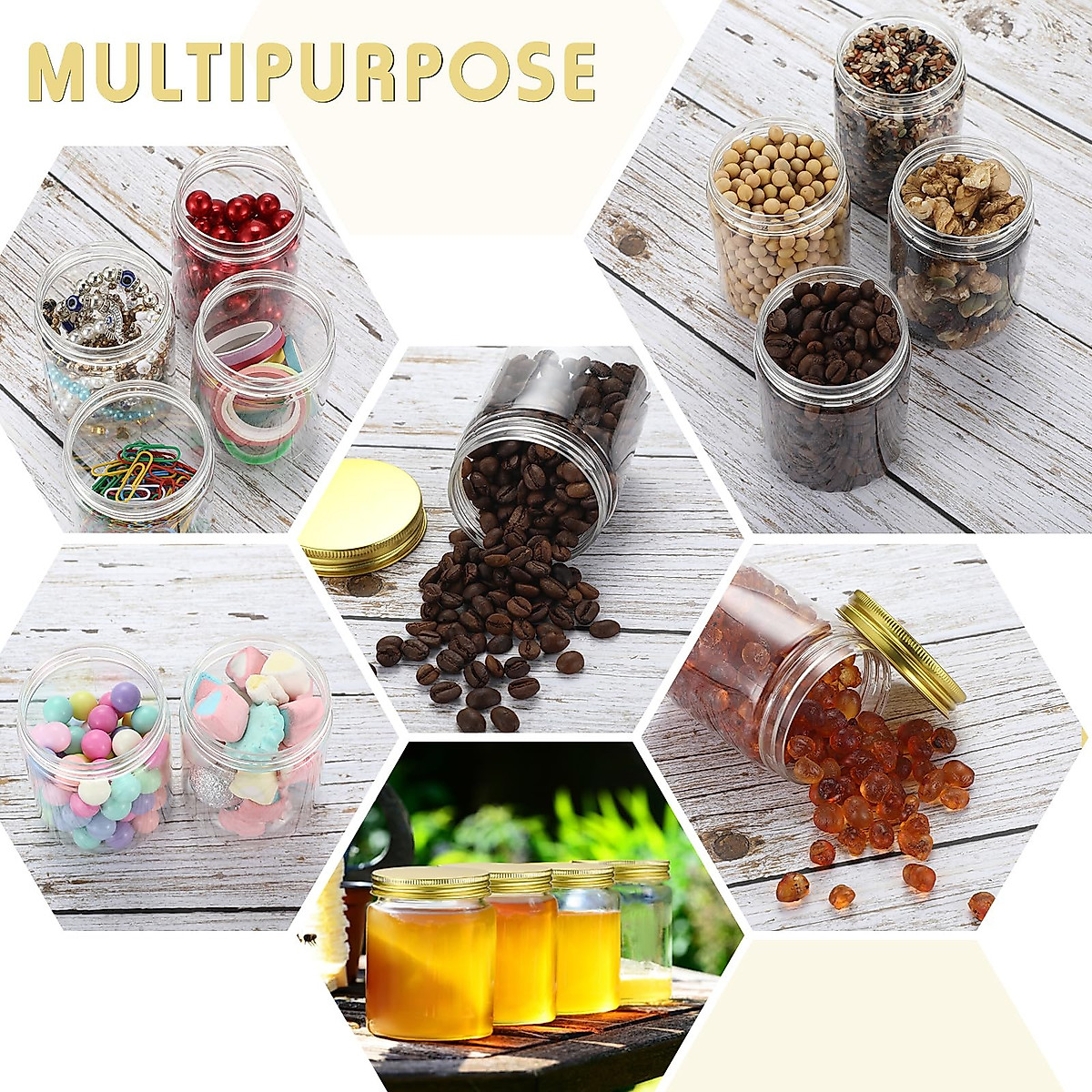 Wesiti 60 Pcs 8 oz Clear Plastic Jars Empty Plastic Storage Containers Refillable Plastic Mason Jars with Metal Golden Lids Transparent Round Canning Jars for Spice Dry Food Honey Herb Kitchen