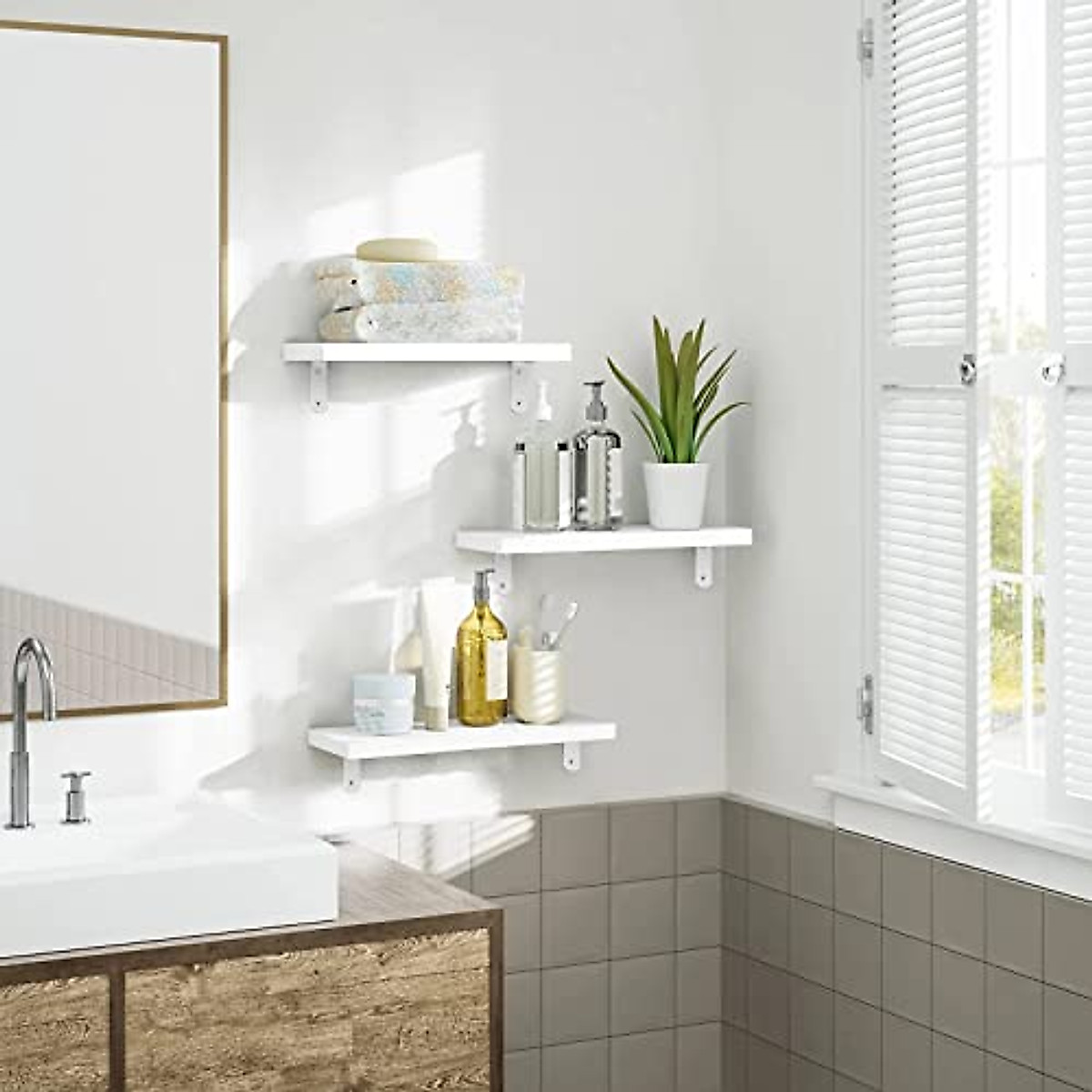 VOGGV Floating Shelves, White Wall Shelf Décor Storage, Wall Mounted Shelves Set of 3, Mdern Floating Shelves with Metal L Brackets for Bedroom, Living Room, Bathroom, Over Toilet, Kitchen