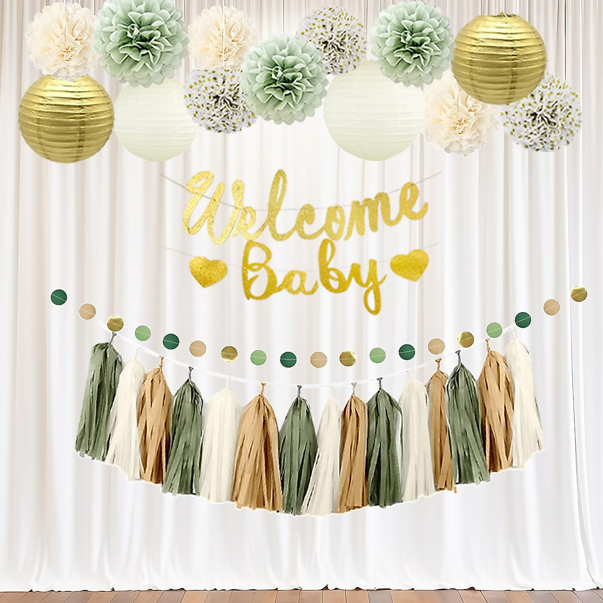 Kiwayo Baby Shower Decorations Sage Green- Welcome Baby Banner with Tissue Pom Poms, Tassel Garland, Paper Lanterns, Circle Dot Garland- Baby Gender Reveal Birthday Party Decorations