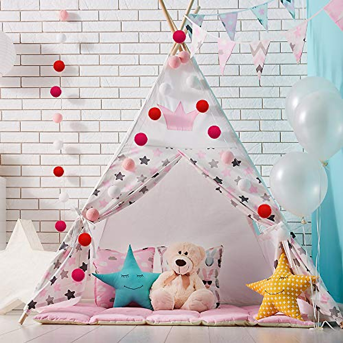 Supla 6' Long Pom Pom Garland 24 Pcs 1" Diameter Wool Felt Balls Garland Strand Red Pink Rose White Ball Garland Valentine's Day Party Garland Tree Garland for Mantel Wall Child's Room Nursery Décor