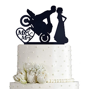 Motorcycle Funny Wedding Cake Topper Mr & Mrs, Bride Groom with Motorbike (Black Acrylic)
