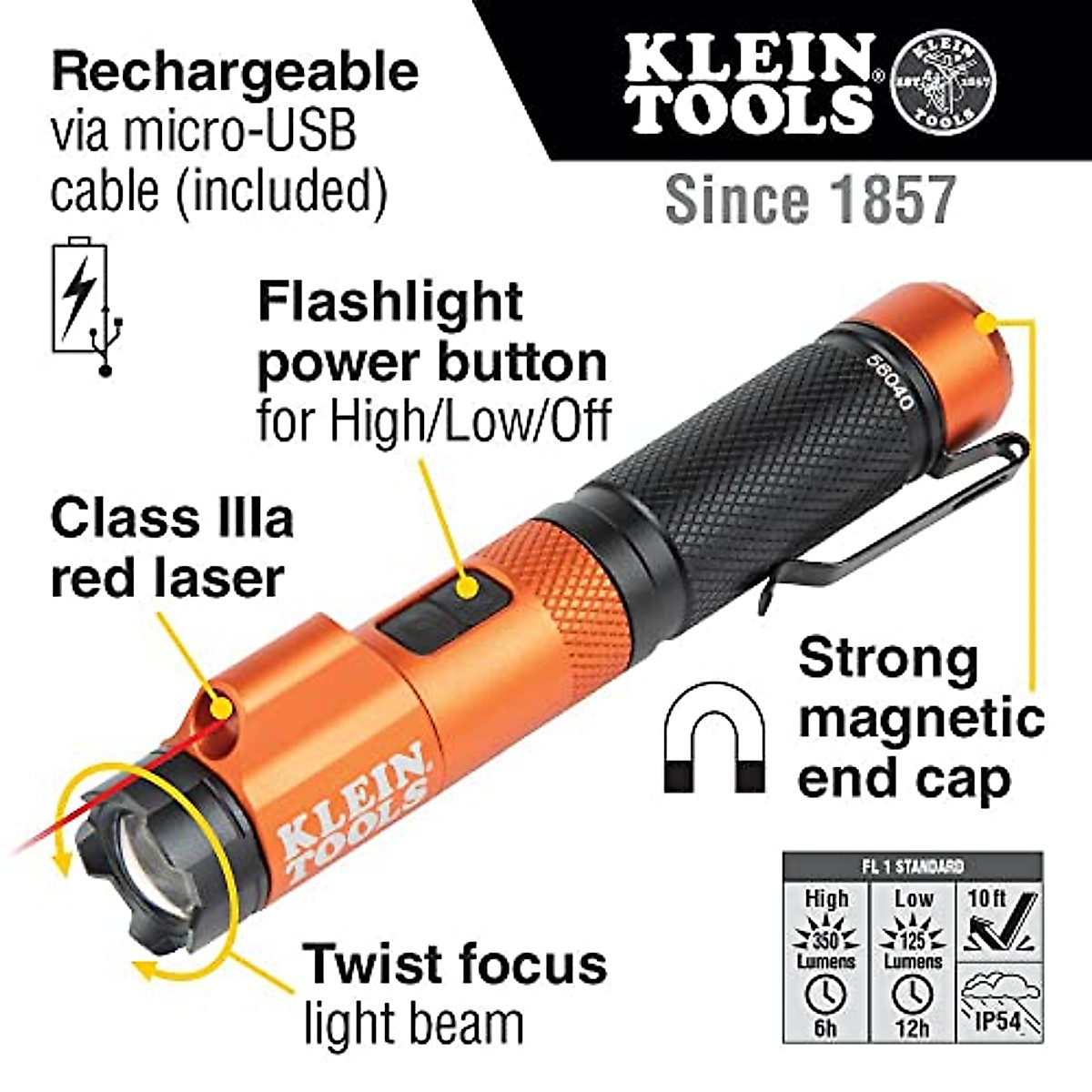 Klein Tools 56040 LED Rechargeable Flashlight, 350 Lumens, Twist Focus, Laser Pointer, Hands-Free, USB Charging Cable, for Work and Outdoor