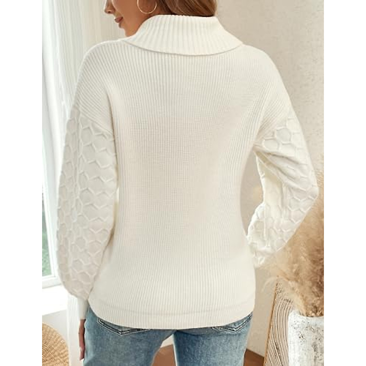 ZHENWEI Women's 2023 Fall Winter Long Sleeve V Neck Solid Color Casual Polo Collared Chunky Cable Knit Pullover Sweater Tops Cream White L