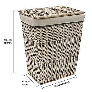 JVL Arianna Rectangular Tapered Willow Linen Laundry Basket, Grey Wash