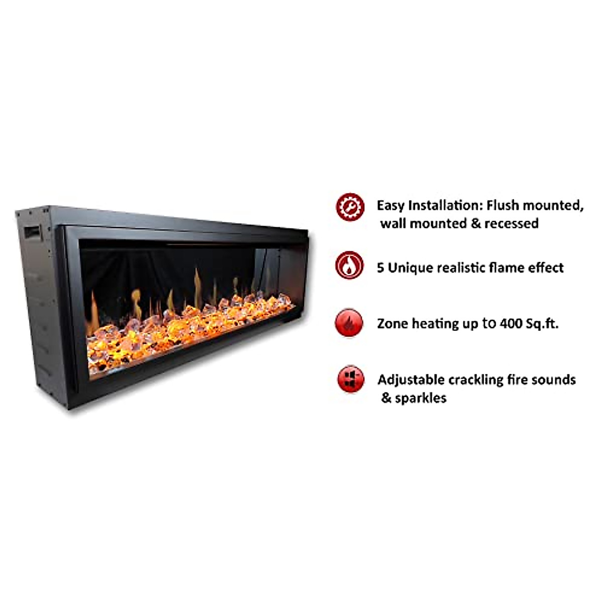 Litedeer Homes Latitude II 58" Smart Electric Fireplace with App, Crackling Fire Sounds, Diamond-Like Crystal, Black - ZEF58VC