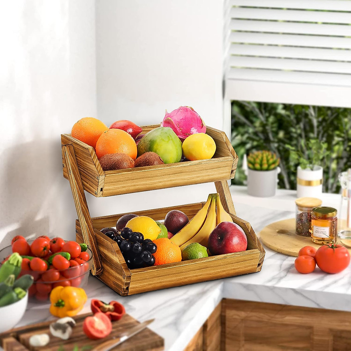 G.a HOMEFAVOR Fruit Basket: 2-Tier Pine Wood Fruit Bowl for Kitchen, Fruit Stand Storage Holder for Vegetables and Snack Home Kitchen Countertop Organizer (Self-assembly)