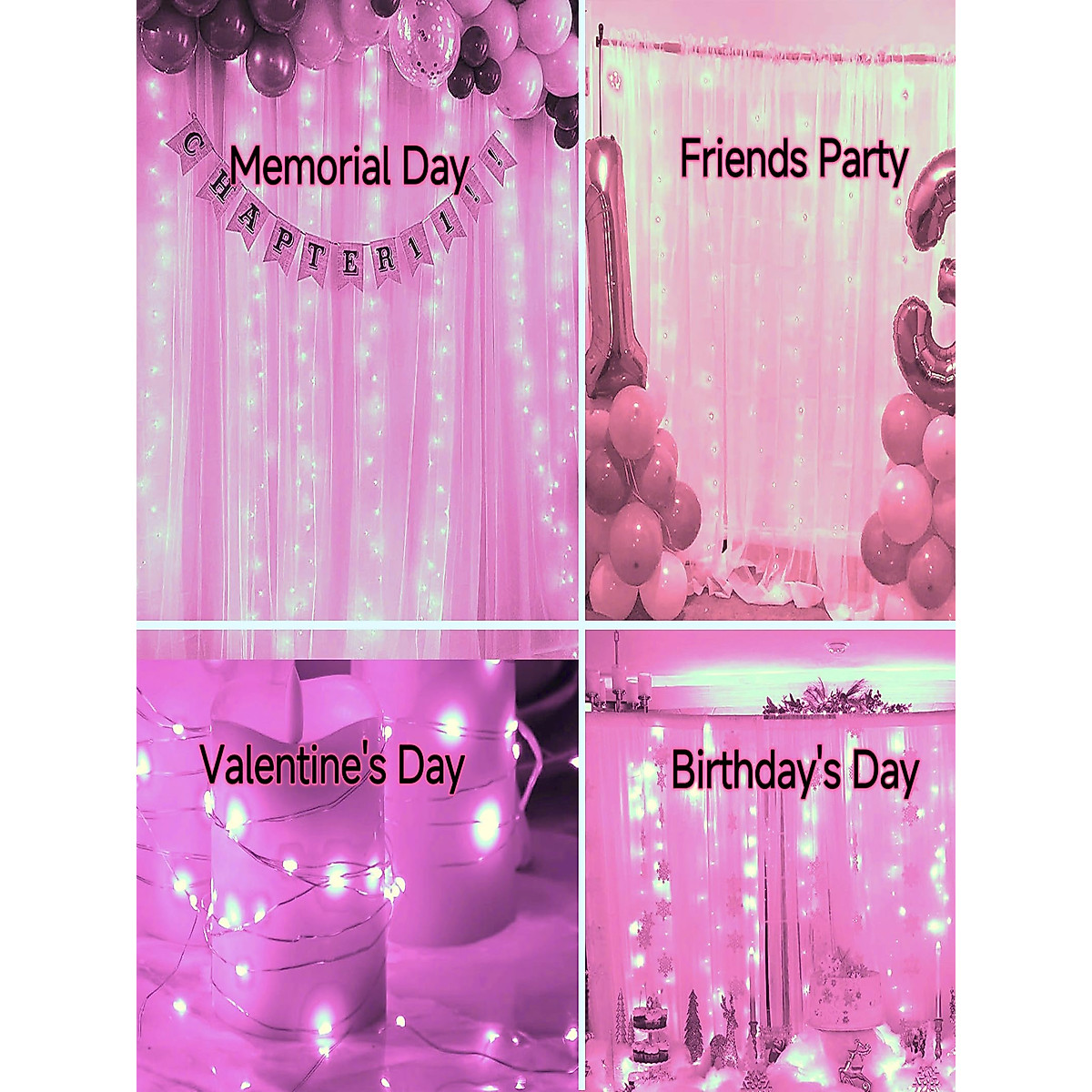 ORSMGOLF Fairy Curtain String Lights, Room Decor &Ideal Gift for Teens Girl, 8 Modes Wall Lights & Valentine's Day Indoor Decorations (Pink)