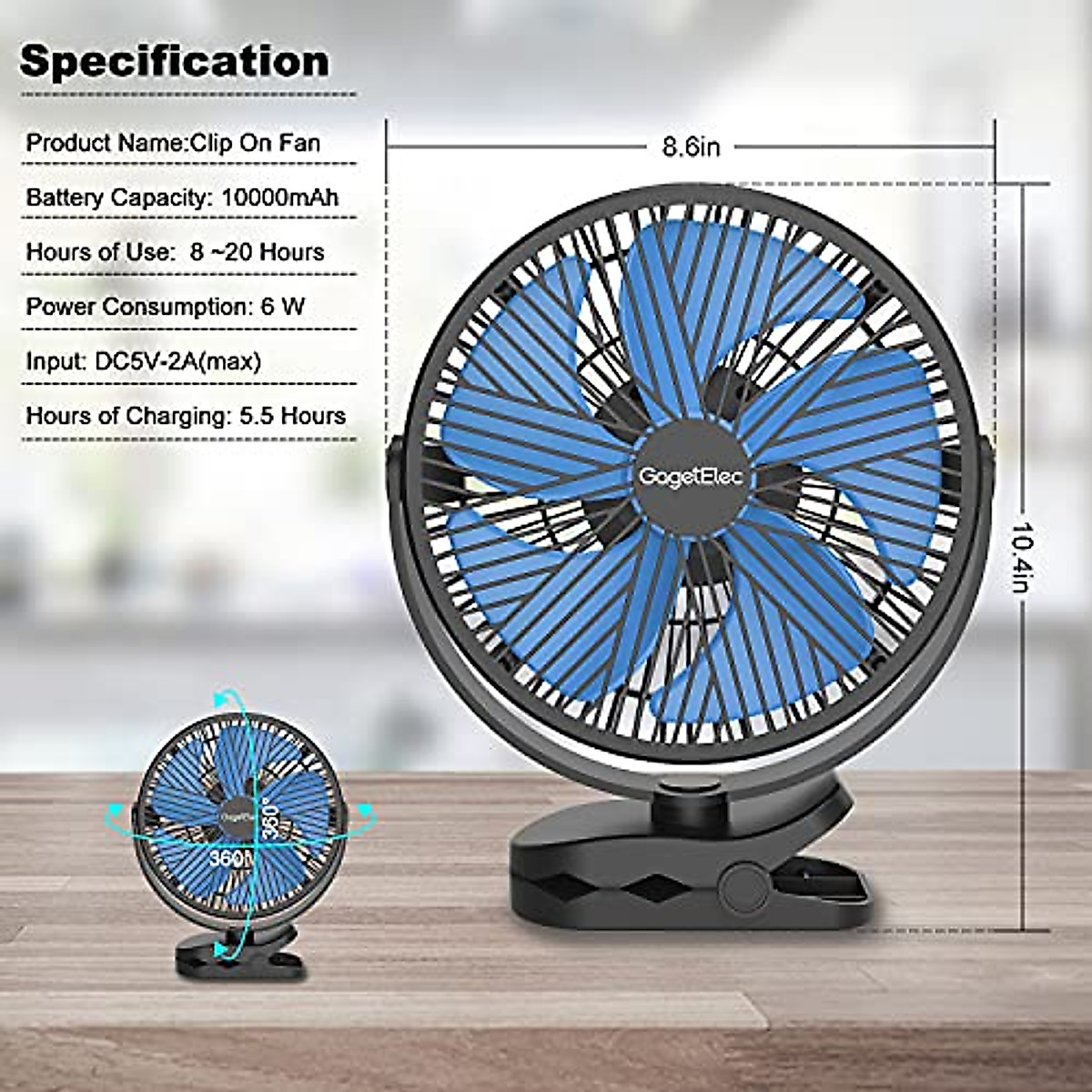 GagetElec 8-Inch Clip On Fan 10000mAh Rechargeable Desk Fan Battery Operated Portable Fan with 4 Speeds Fast Air Circulating Stroller Fan USB Personal Fan for Home Office and Outdoor