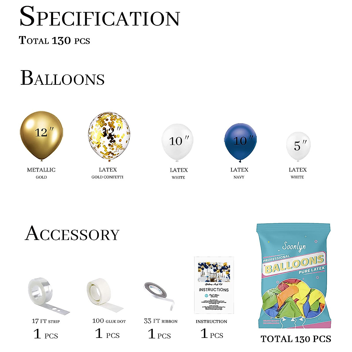 Soonlyn Navy Blue and Gold Balloons 130 Pcs 12 Inch Confetti Balloons White Latex Balloon Garland Kit with Balloon Accessories for Baby Shower 1st Birthday Wedding Party