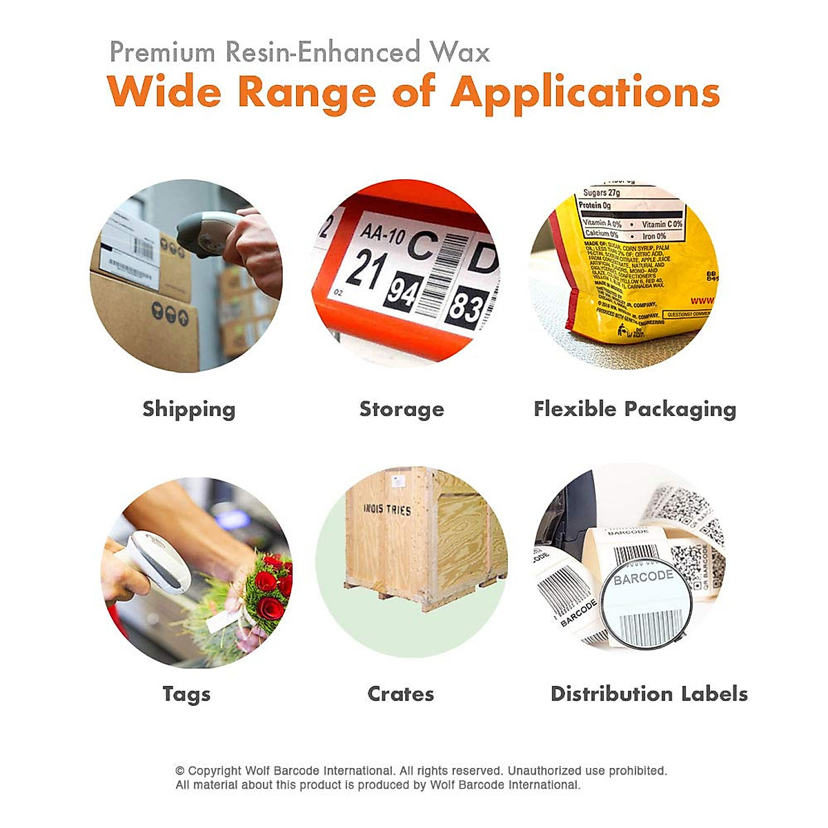 12 Rolls Wolfbarco 1.57" x 1476' (40mm x 450m) Black Premium Resin-Enhanced Wax Thermal Transfer Ribbon Compatible with Zebra,TEC, INTERMEC,Citizen,TSC,GODEX,ARGOX Printers