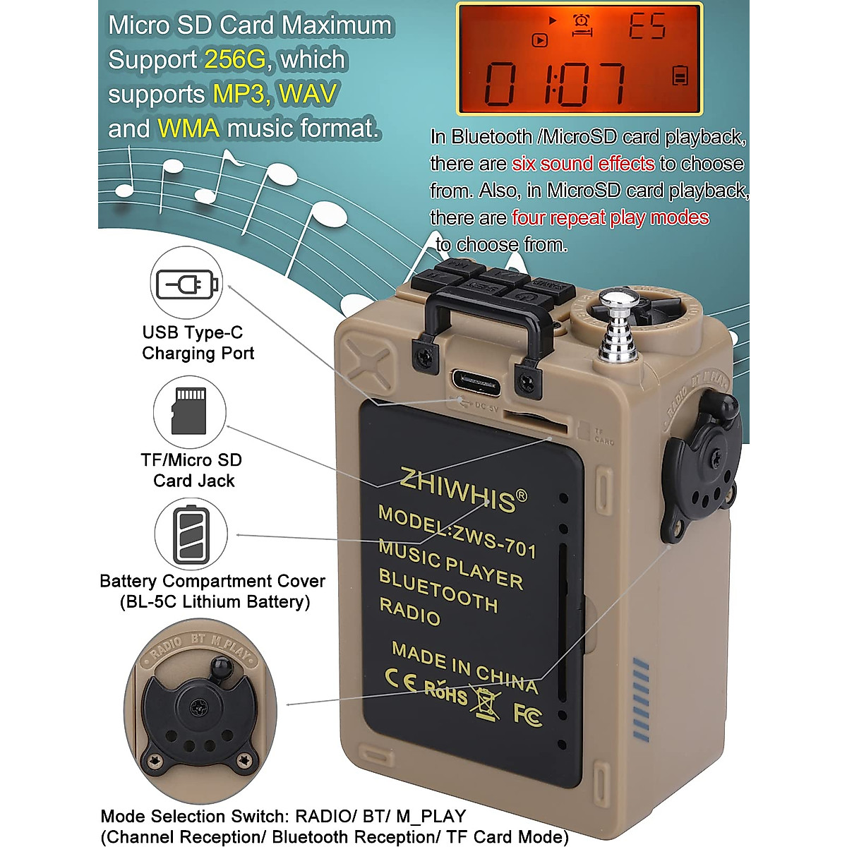 ZHIWHIS Shortwave Radio, MP3 Player with Weather Radios Portable AM FM, Retro Bluetooth Speaker with 6 EQ Modes, Rechargeable Alarm Clock Receiver with Sleep Time and NOAA Alerts ZWS-701