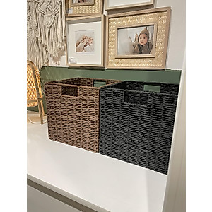 KemyFei Wicker Storage Basket, Foldable Wicker Storage Baskets, Handwoven Wicker Cube Storage Bins Cube 11 inch Decorative Large Wicker Baskets for Shelves Bedroom Nursery Room Pantry, 2 Pack (Brown)