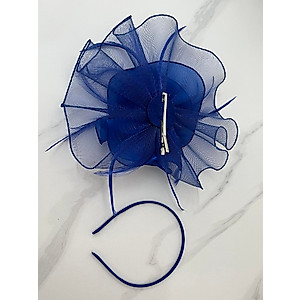 Women Fascinators Organza Fascinators 20S Party Hat Wedding Tea Party Fascinator Pillbox Hat with Headband Hairclip Royal Blue