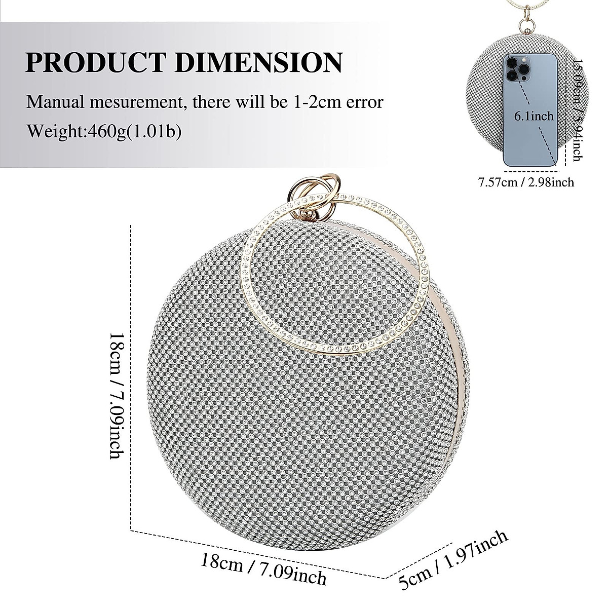 UBORSE Round Rhinestones Clutch Purse for Women Formal Evening Bag Sparkly Wedding Bridal Clutch Purse Prom Party Handbag Silver