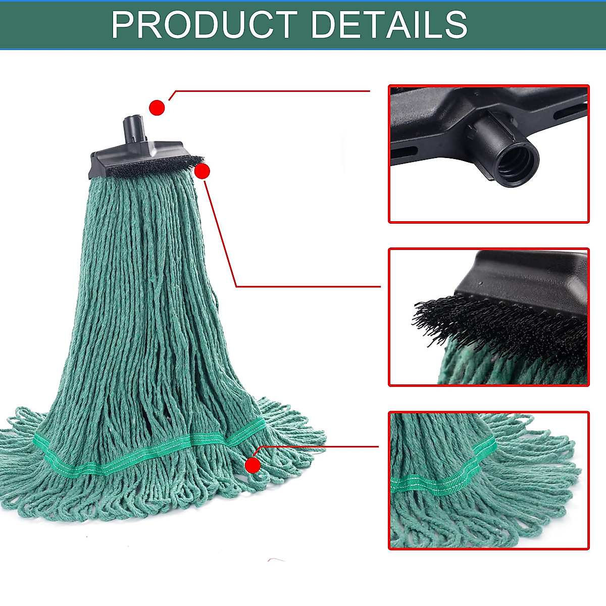 Matthew Large Heavy Duty Mop Head Commercial Replacement for General and Floor Cleaning, Screw-on Wet Industrial Cotton Looped End String Head Refill (Green 2Pack) w/Built-in Flexible Bristle Brush