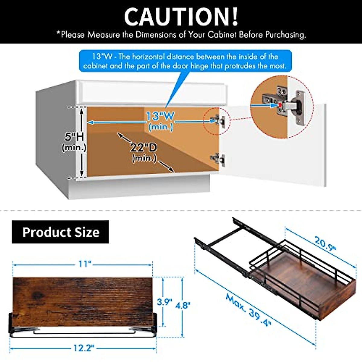 KES Pull Out Cabinet Organizer, 12" Wide Kitchen Slide Out Cabinet Drawer Organizer for Kitchen, Slide Out Wood Pull Out Drawer Storage Shelves with Soft Close, KPO503W30D53-BK