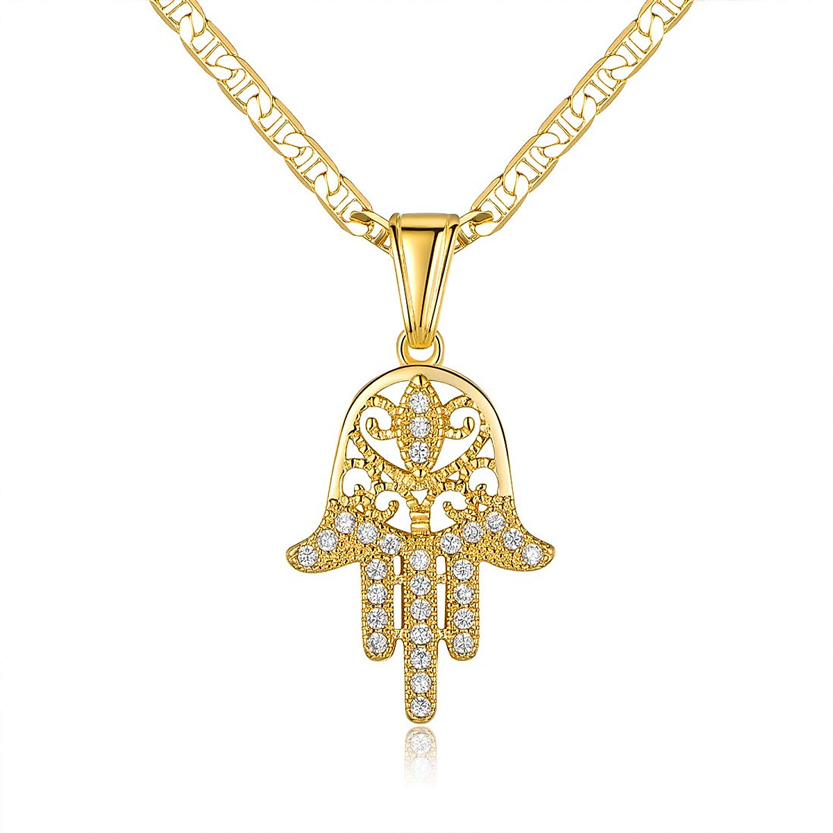 Barzel Hamsa Necklace for Women & Men 18K Gold Plated Flat Mariner/Marina 060 3MM Chain Necklace With Cubic Zirconia Hamsa Hand Pendant (Hamsa, 18)