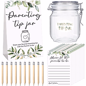 Roowest Baby Shower Advice Cards for New Parents to Be - Tip Jar Sign for New Parents 60 Parenting Advice Cards 10 HB Pencils 2 Cute Stickers 1 Pet Bottle for Guests Games(Leaf)