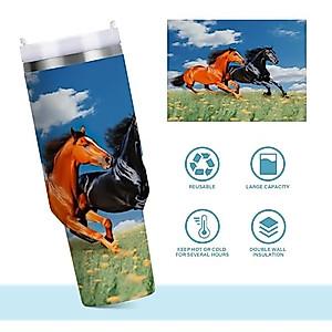 Jihqo Running Field Horses 40 oz Stainless Steel Vacuum Insulated Tumbler with Handle and Straw Lid, Leakproof Water Bottle Double Wall Travel Mug Coffee Cup, Cupholder Friendly