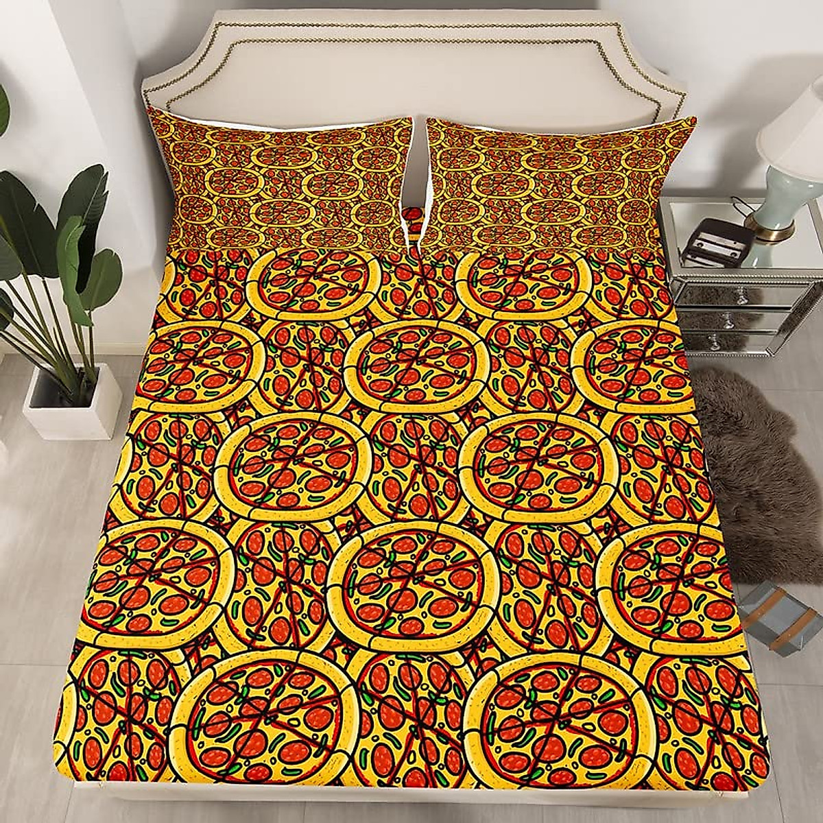 Pizza Bed Sheet Set Kids Chocolate Doughnut Fitted Sheet Decor Whimsical Dessert Bedding Set Abstract Desserts Food Orange Red Bedspread Cover Bedroom Queen Size