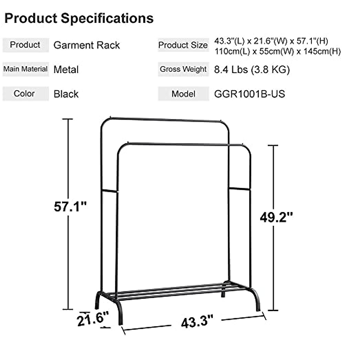 GISSAR Metal Clothing Rack, Double Rod Garment Rack with Bottom Shelf for Hanging Clothes, Coats, Skirts, Shirts, Sweaters, Boxes Shoes Boots Storage Organize, Height 57", Black