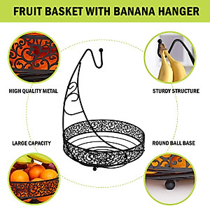 Totally Kitchen Fruit Basket with Banana Tree Hanger | Round Metal Fruit Storage Bowl | Matte Black