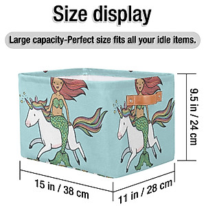 Cute Mermaid Rectangular Storage Basket, Mermaid Unicorn Fabric Storage Bin with Leather Handles Collapsible Storage Bin Nursery Hamper for Organizing Toys, Clothes, Books, Gift Baskets-1 Pcs
