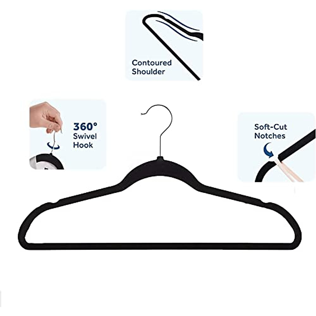 Velvet Hangers 50 Pack, Non Slip Hangers Space Saving with 360 Degree Chrome Swivel Hook, Smooth Heavy Duty Clothes Hangers for Skirts Coats Pants Scarves Shirts Laundry, Hold up to 10 Lbs, Black
