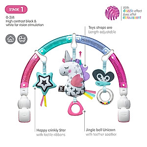 BENBAT Baby Stroller Arch Toy Rainbow Dazzle Friends Play Bar. Fun Newborns Sensory Activity, Adjustable for Bouncers and Car Seat, Unicorn