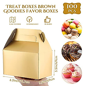 100 Pieces Gable Candy Treat Boxes, Small Goodies Gift Boxes with Handle, Dessert Boxes Favor for Wedding, Birthday Party, 6.2 x 3.5 x 3.5 Inch (Metallic Gold)