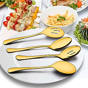 Homikit 3 Pieces Large Gold Serving Spoons, 3 Slotted Serving Spoons and 3 Serving Forks, Stainless Steel Serving Utensils Hostess Set for Catering Buffet, Dishwasher Safe