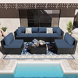 Walsunny 7 Pieces Patio Outdoor Furniture Sets,Low Back All-Weather Rattan Sectional Sofa with Tea Table&Washable Couch Cushions (Aegean Blue)