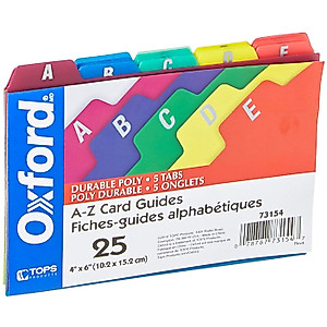 Oxford Poly Index Card Guides, Alphabetical, A-Z, Assorted Colors, 4" x 6" Size, 25 Guides per Set (73154)